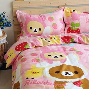 LELVA Rilakkuma Pattern Bedding Quilt/Comforter Cover Set Kids Bedding Duvet Cover Set for Girls Flat Sheet Pink Twin Size