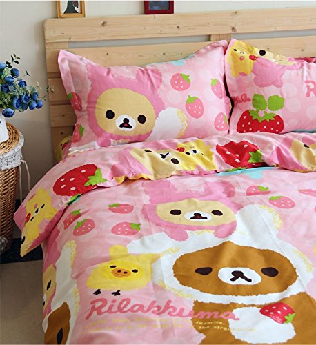 LELVA Rilakkuma Pattern Bedding Quilt/Comforter Cover Set Kids Bedding Duvet Cover Set for Girls Flat Sheet Pink Twin Size