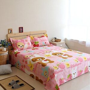 LELVA Rilakkuma Pattern Bedding Quilt/Comforter Cover Set Kids Bedding Duvet Cover Set for Girls Flat Sheet Pink Twin Size