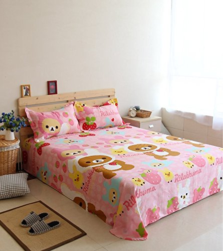 LELVA Rilakkuma Pattern Bedding Quilt/Comforter Cover Set Kids Bedding Duvet Cover Set for Girls Flat Sheet Pink Twin Size