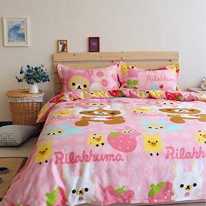 LELVA Rilakkuma Pattern Bedding Quilt/Comforter Cover Set Kids Bedding Duvet Cover Set for Girls Flat Sheet Pink Twin Size