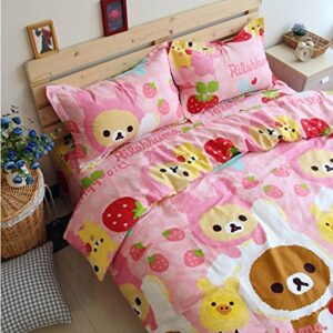 LELVA Rilakkuma Pattern Bedding Quilt/Comforter Cover Set Kids Bedding Duvet Cover Set for Girls Flat Sheet Pink Twin Size