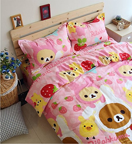 LELVA Rilakkuma Pattern Bedding Quilt/Comforter Cover Set Kids Bedding Duvet Cover Set for Girls Flat Sheet Pink Twin Size