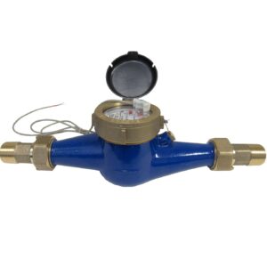 2 inch multi-jet brass totalizing water meter with pulse output, sealed dry dial, internal strainer, horizontal mount, for non-potable water systems, max pressure 150 psi