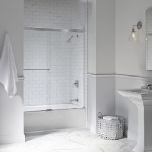 KOHLER Revel sliding bath door, 55-1/2"H x 56-5/8 – 59-5/8"W, with 1/4" thick Crystal Clear glass