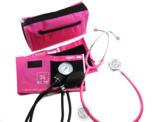 emi #305 pink aneroid sphygmomanometer manual blood pressure monitor with adult cuff and dual head stethoscope set kit