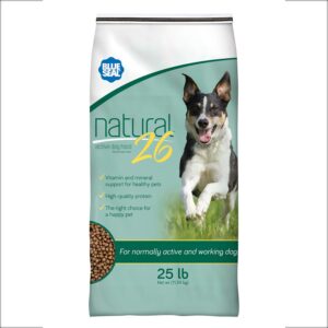 blue seal natural 26 active dry dog food, protein-dense, vitamin and mineral support, ideal for normally active to working dogs, 25 pound bag