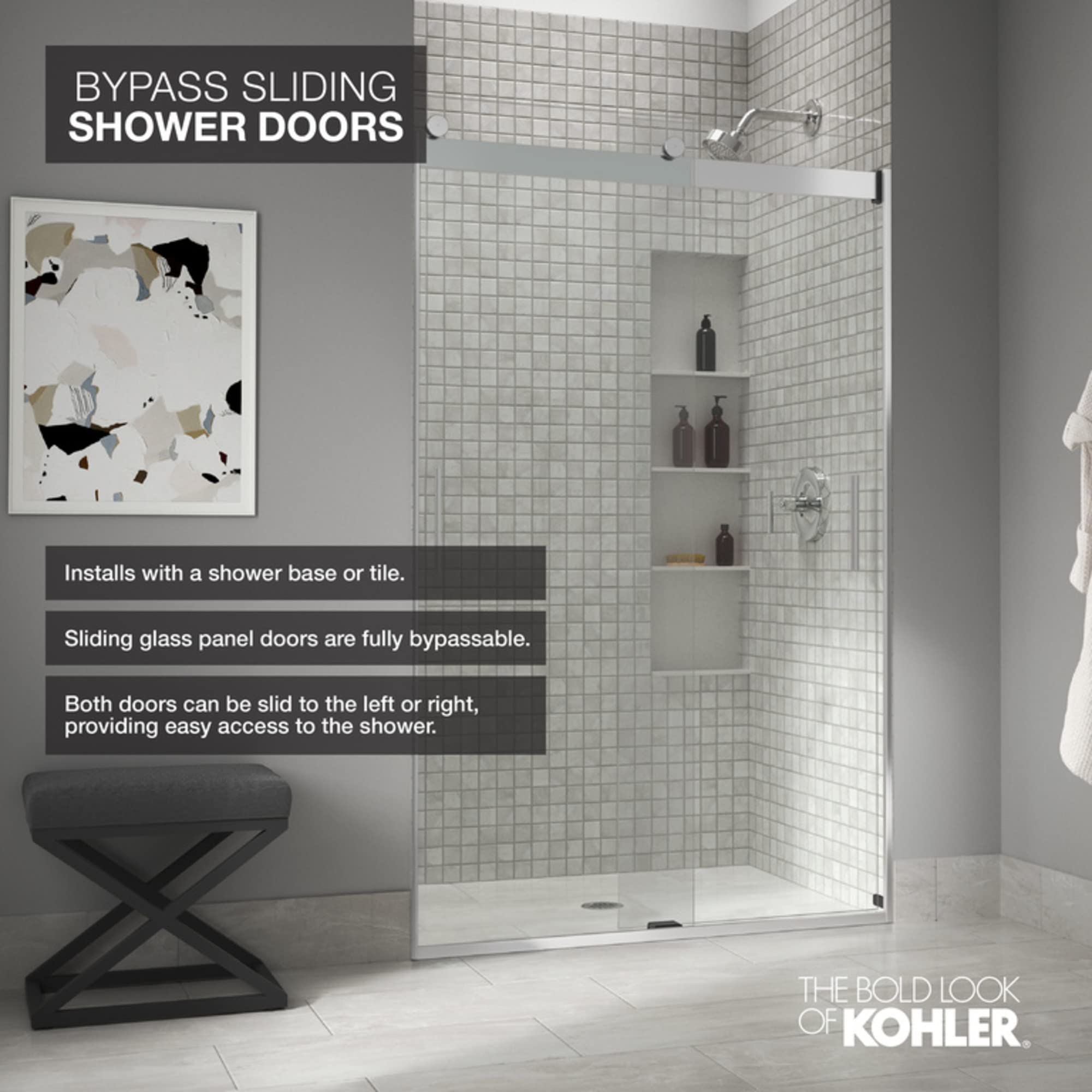 KOHLER Revel sliding bath door, 55-1/2"H x 56-5/8 – 59-5/8"W, with 1/4" thick Crystal Clear glass