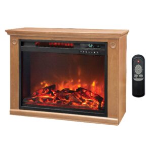 lifesmart lifepro 1500 watts portable electric infrared quartz indoor fireplace heater with 3 heating elements, remote and wheels, medium oak wood