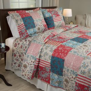 lavish home 3-piece quilt set - mallory classic patchwork full/queen quilt with 2 pillow shams - machine washable lightweight bedding 86" lx86 w multicolor