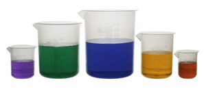 5 piece premium laboratory plastic beaker set, made of high clarity polypropylene with raised graduations, 50 ml, 100 ml, 250 ml, 500 ml, and 1000 ml (autoclavable)