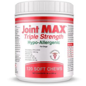 joint max triple strength hypo-allergenic soft chews for dogs - hip and joint support supplement with glucosamine, chondroitin, & msm - made in the usa - 120 soft chews