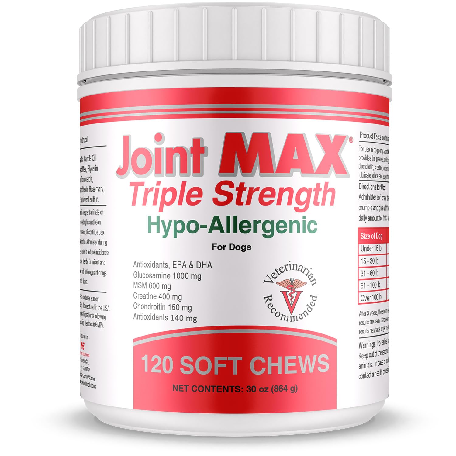 Joint MAX Triple Strength Hypo-Allergenic Soft Chews for Dogs - Hip and Joint Support Supplement with Glucosamine, Chondroitin, & MSM - Made in The USA - 120 Soft Chews