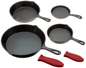 crucible cookware cast iron skillets, set of 4 (pre-seasoned) 10 inch - 5.1 inch, including large & small silicone hot handle holders | indoor & outdoor use