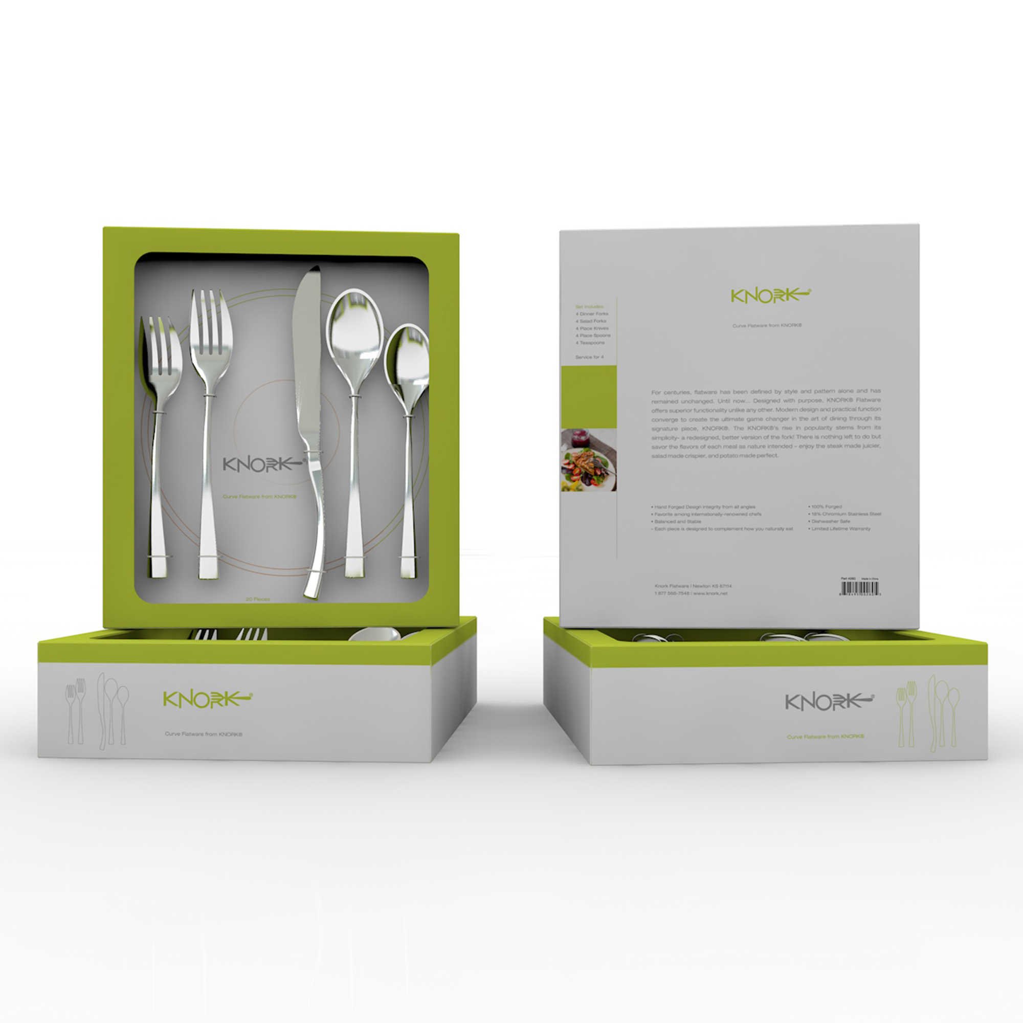 Knork Curve Collection Flatware, 20 Piece Set (service for 4), Matte Silver