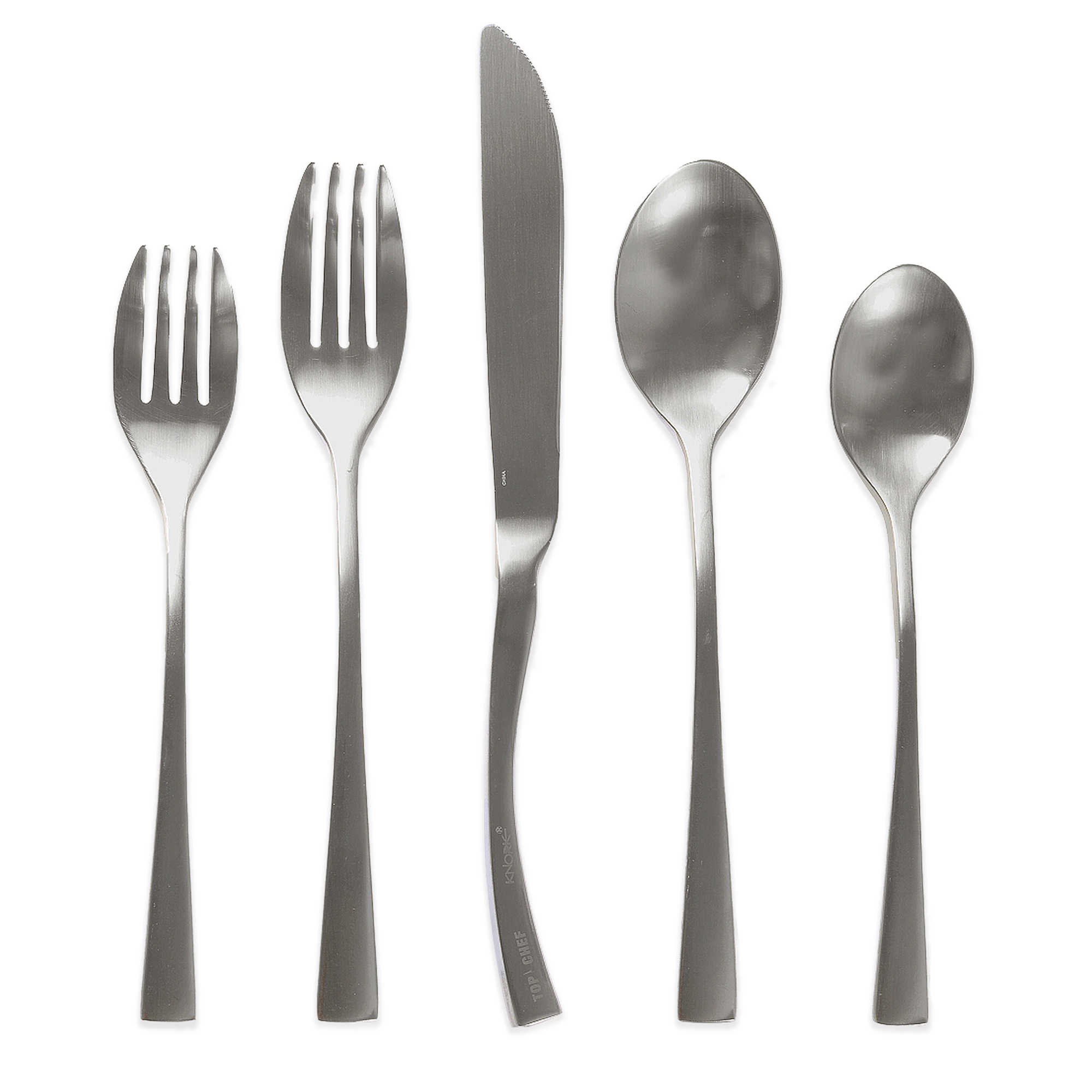 Knork Curve Collection Flatware, 20 Piece Set (service for 4), Matte Silver