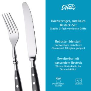 GRÄWE cutlery set for 6 persons made of stainless steel, Heavy, Rustic, Table cutlery set 30 pieces, Forged cutlery with black handles - Nuremberg series