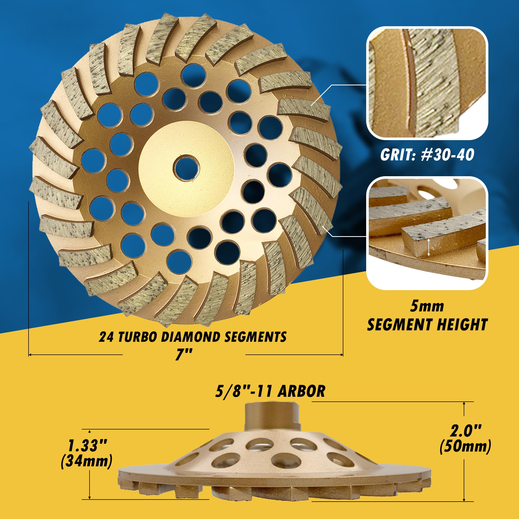 7" Diamond Grinding Wheels for Concrete or Masonry, 24 Turbo Segments, #30/40 Grit, Medium Bond, 5/8"-11 Arbor