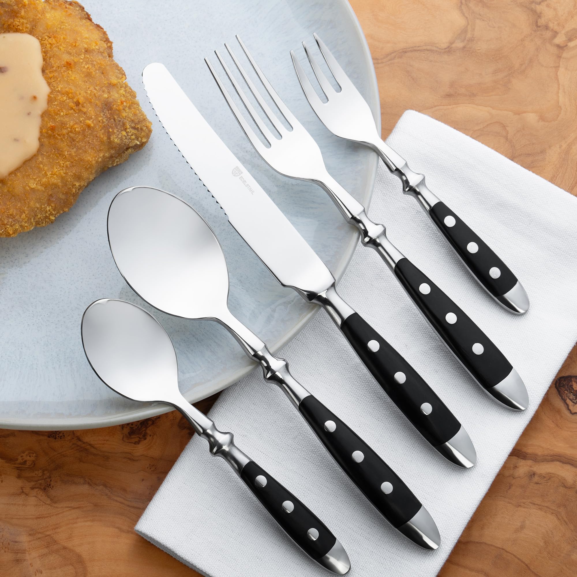 GRÄWE cutlery set for 6 persons made of stainless steel, Heavy, Rustic, Table cutlery set 30 pieces, Forged cutlery with black handles - Nuremberg series