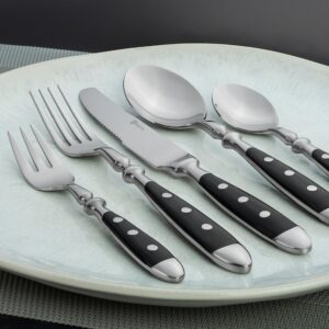 GRÄWE cutlery set for 6 persons made of stainless steel, Heavy, Rustic, Table cutlery set 30 pieces, Forged cutlery with black handles - Nuremberg series