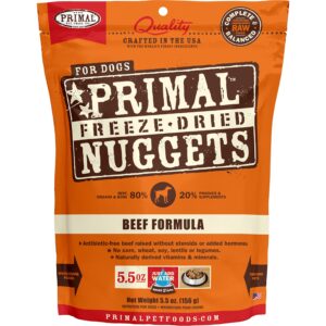 primal freeze dried raw dog food nuggets, beef, complete & balanced meal, also use as topper or treat, premium, healthy, grain free, high protein raw dog food, 5.5 oz