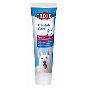 trixie toothpaste with beef flavour (helps if the dogs likes the taste!)