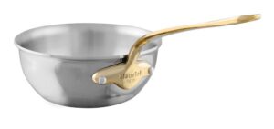 mauviel m'cook b 5-ply polished stainless steel splayed curved saute pan with brass handle, 2.1-qt, made in france