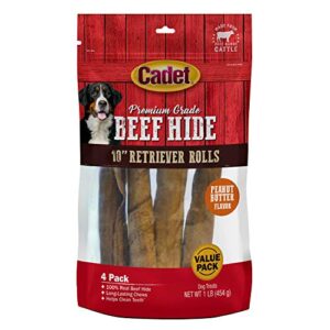 cadet premium grade beef hide for dogs, long lasting rawhide retriever rolls, single ingredient dog chews, peanut butter flavor, 10 inch (4 count)