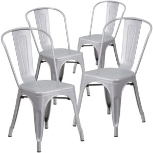 flash furniture luke commercial grade 4 pack silver metal indoor-outdoor stackable chair