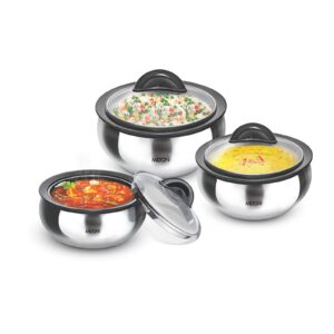 milton casserole with glass lid set of 3 for hot food, insulated hot pot, stainless steel, serving box (bowl, dish) for food and roti, sizes 19 oz, 41 oz and 66 oz, clarion