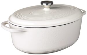 lodge 7 quart enameled cast iron oval dutch oven with lid – dual handles – oven safe up to 500° f or on stovetop - use to marinate, cook, bake, refrigerate and serve – oyster white