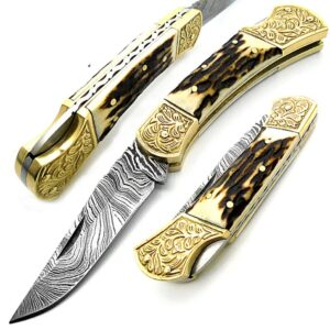 best.buy.damascus1 damascus pocket knife, folding knife, pocket knife for men, knife set with knife sharpeners premium quality gifts for men (antlers scrimshaw)