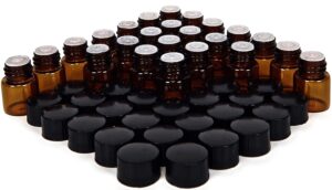 24, amber, 1 ml (1/4 dram) glass bottles, with orifice reducers and black caps