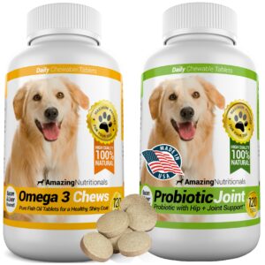 amazing combo omega-3 fish oil and probiotics for dogs - pure all-natural pet antioxidant - promotes shiny coat, brain health, eliminates diarrhea gas and joint pain, 120 tasty chews x 2