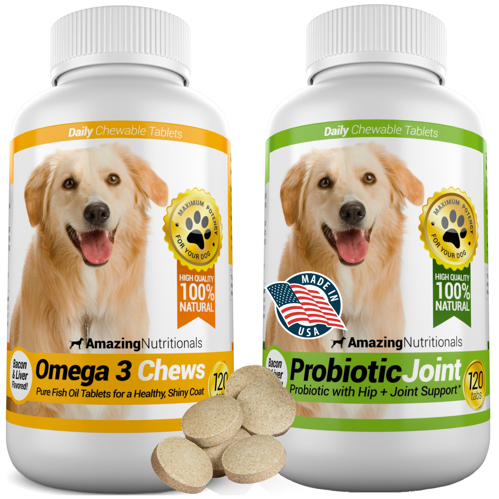 Amazing Combo Omega-3 Fish Oil and Probiotics for Dogs - Pure All-Natural Pet Antioxidant - Promotes Shiny Coat, Brain Health, Eliminates Diarrhea Gas and Joint Pain, 120 Tasty Chews x 2