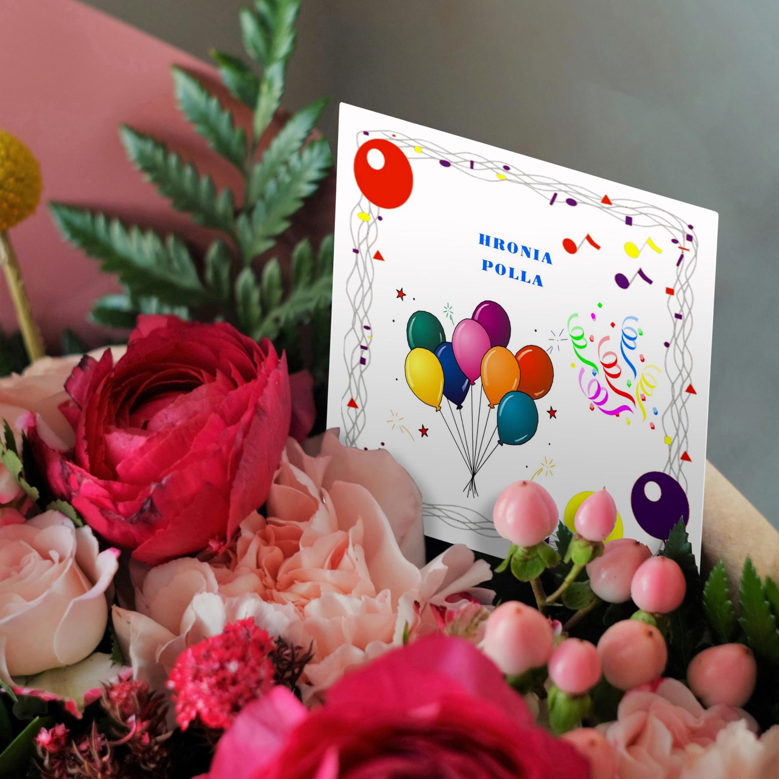 Image of Happy Birthday In Greek With Balloons Confetti - Greeting Card, 6 x 6 inches, single (gc_223455_5)