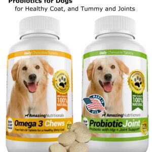 Amazing Combo Omega-3 Fish Oil and Probiotics for Dogs - Pure All-Natural Pet Antioxidant - Promotes Shiny Coat, Brain Health, Eliminates Diarrhea Gas and Joint Pain, 120 Tasty Chews x 2