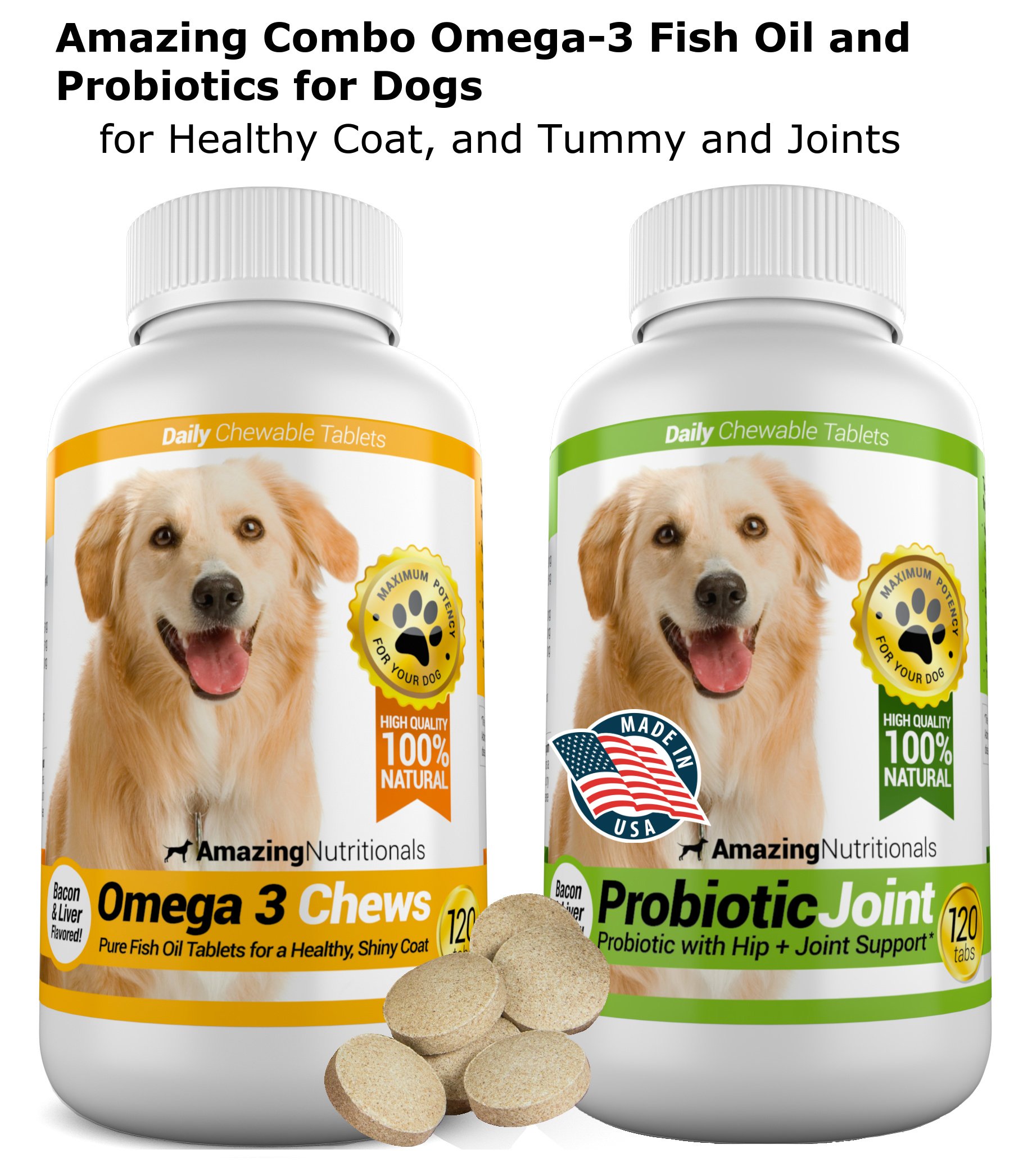 Amazing Combo Omega-3 Fish Oil and Probiotics for Dogs - Pure All-Natural Pet Antioxidant - Promotes Shiny Coat, Brain Health, Eliminates Diarrhea Gas and Joint Pain, 120 Tasty Chews x 2