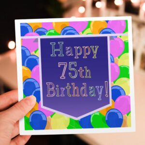 Balloons with Purple Banner Happy 75th Birthday - Greeting Card, 6 x 6 inches, single (gc_174847_5)