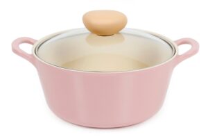 neoflam retro 3qt non-stick ceramic coated stockpot with integrated steam vent, silicone hot handle holder included, saute pot, casserole, dutch oven, 3-qt w/glass lid, pink