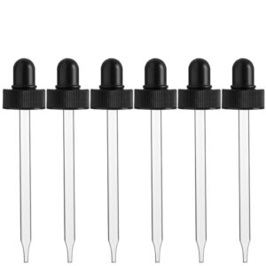 Replacement Straight Glass Tip Pipette Droppers with Black Bulb for Perfume Studio® 4oz Boston Round Bottles- Pack of Six, No Bottles - Plus Free Perfume Sample Vial (24/400 Closure (7 x 108 mm)