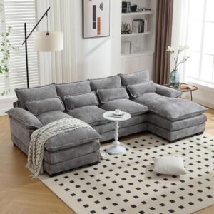 cdbbib u-shaped couches for living room,modern large sofa in chenille fabric,modular combination with side recliner 6 seater sofa,furniture sets in living room, apartment, bedroom. (chenille grey)