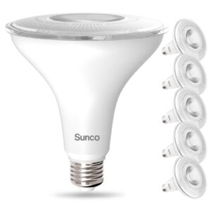 sunco 6 pack outdoor led flood home patio driveway light, waterproof par38 led bulb, cri90, 3000k warm white,1050 lumens, 100w equivalent 13w, dimmable, wet-rated, e26 base u