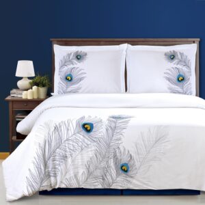 100% cotton, 3-piece king/california king, single ply, soft, embroidered peacock duvet cover set, silver