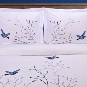 Superior 100% Cotton Percale Embroidered 3-Piece Duvet Cover Set, King/California King, Blue Swallow