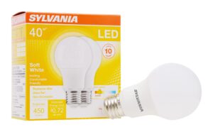 sylvania led light bulb, 40w equivalent a19, efficient 6w, medium base, frosted finish, 450 lumens, soft white - 2 pack (74077)