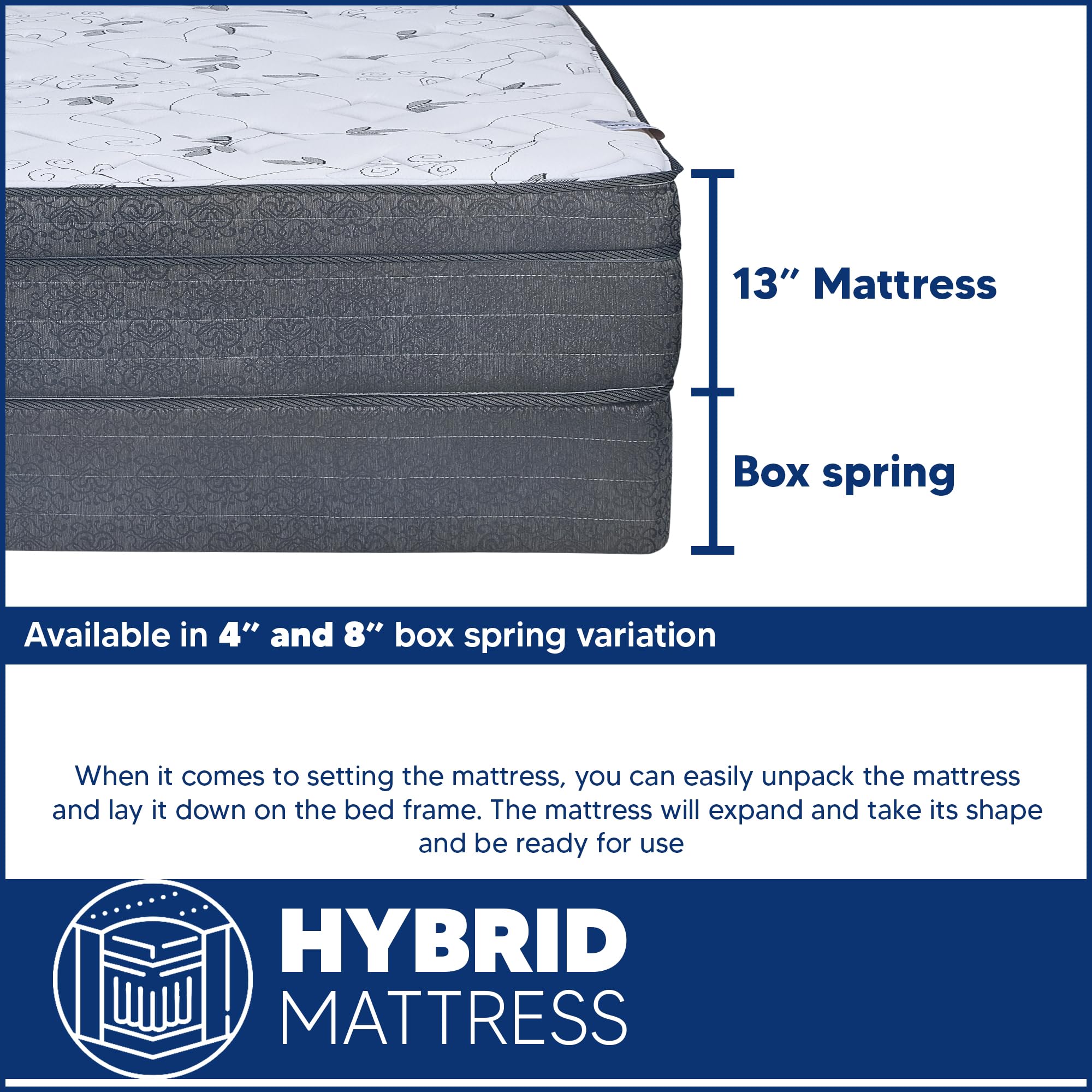 Spring Coil 13-Inch Extra Firm Foam Encased Eurotop Hybrid Mattress & 8" Wood Traditional Box Spring/Foundation Set, Queen, Black