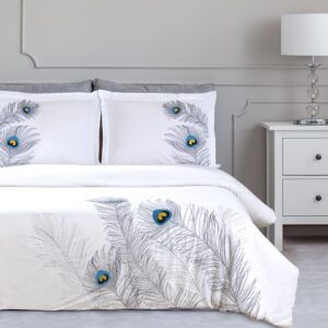 100% Cotton, 3-Piece King/California King, Single Ply, Soft, Embroidered Peacock Duvet Cover Set, Silver