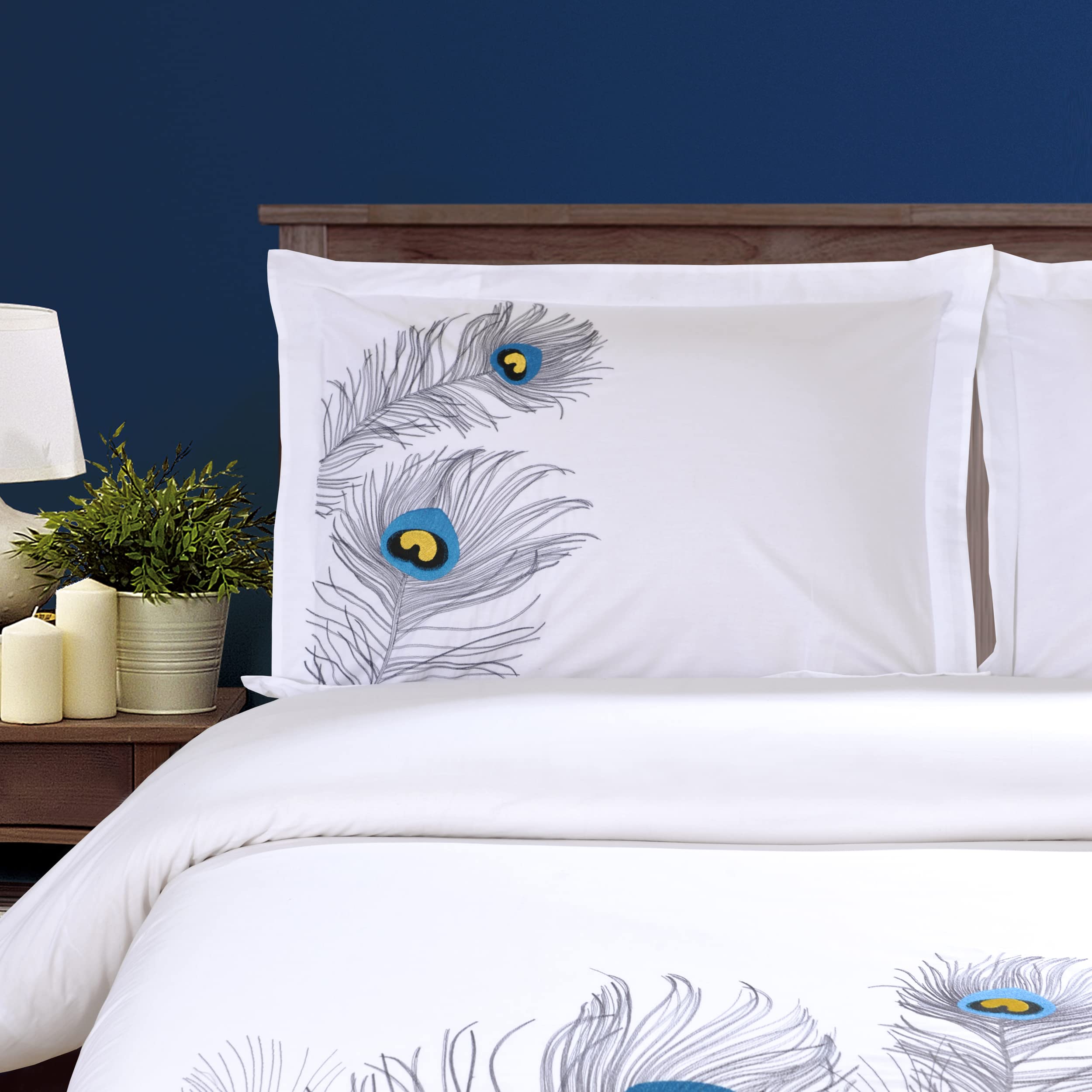 100% Cotton, 3-Piece King/California King, Single Ply, Soft, Embroidered Peacock Duvet Cover Set, Silver