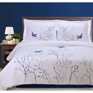 Superior 100% Cotton Percale Embroidered 3-Piece Duvet Cover Set, King/California King, Blue Swallow